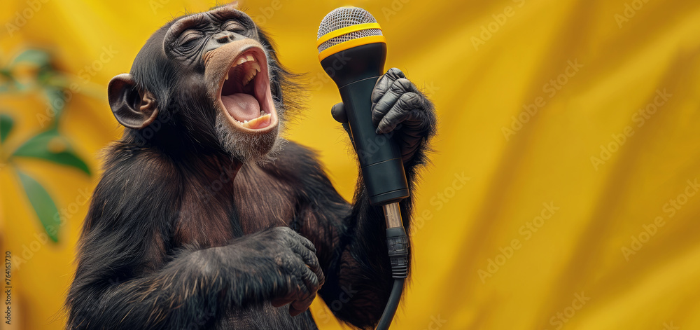 A monkey is singing into a microphone. The monkey is making a loud ...