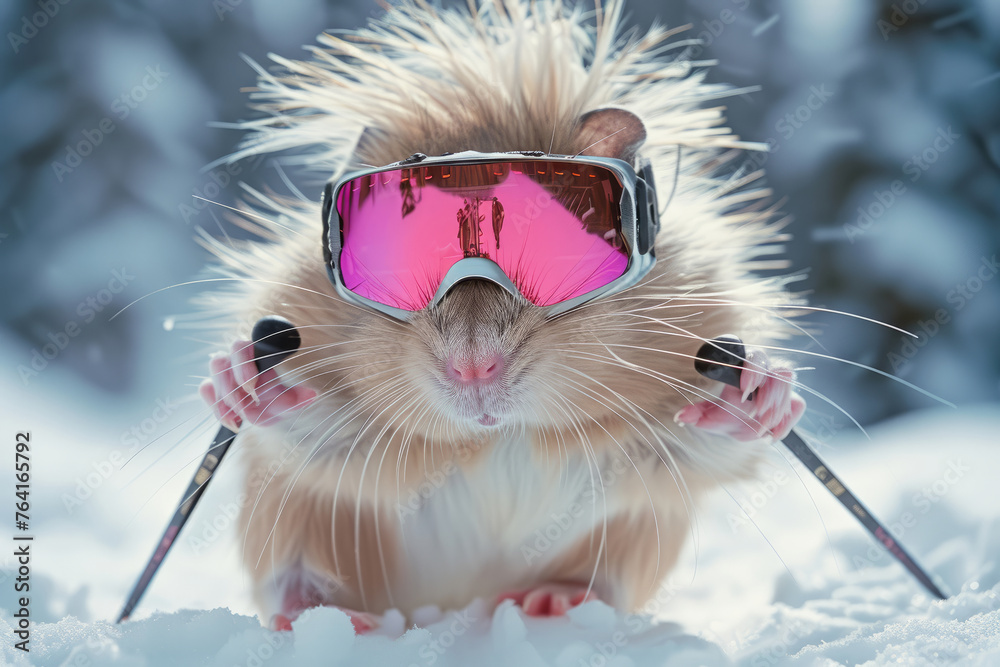 A hamster wearing goggles and skis is posing for a picture. a playful ...