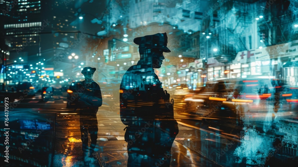 Two police officers are standing on a city street at night, vigilant ...