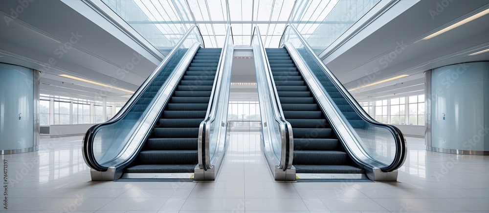 There are two escalators in operation, one moving upwards and the other ...