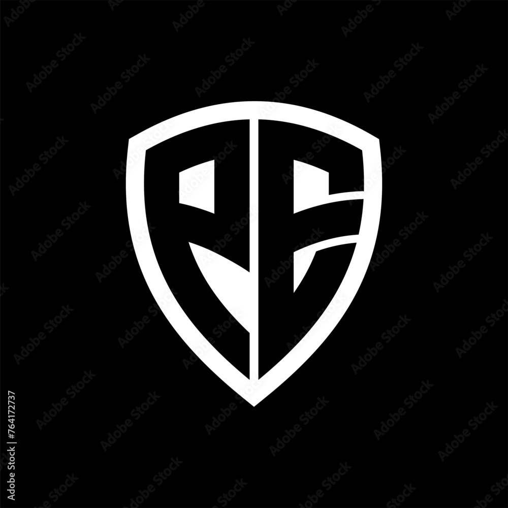 PE monogram logo with bold letters shield shape with black and white ...
