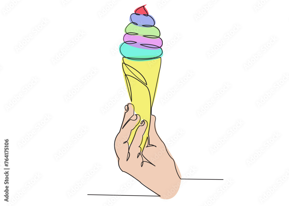 one continuous drawn line of ice cream horn drawn by hand picture silhouette. line art. ice ...