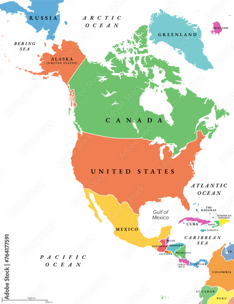 North America countries, political map. Continent bordered by South ...