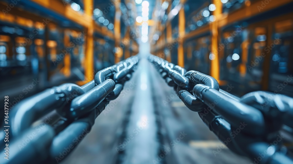 A perspective view of an industrial chain conveyor system, with the ...