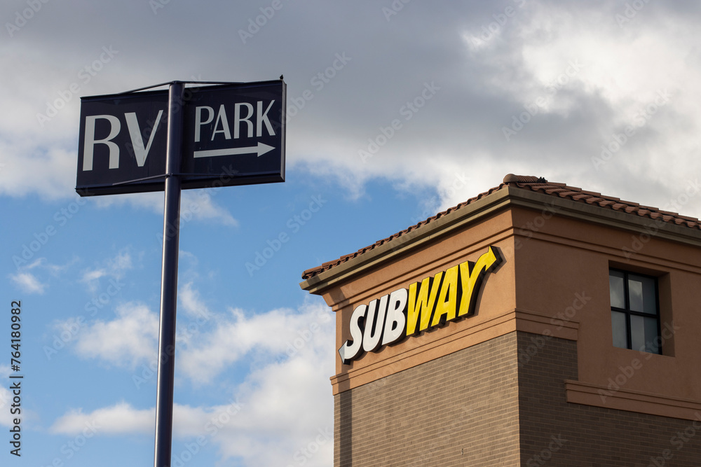 Corning, CA, USA - Apr 2, 2023: Subway sign is seen at one of its ...