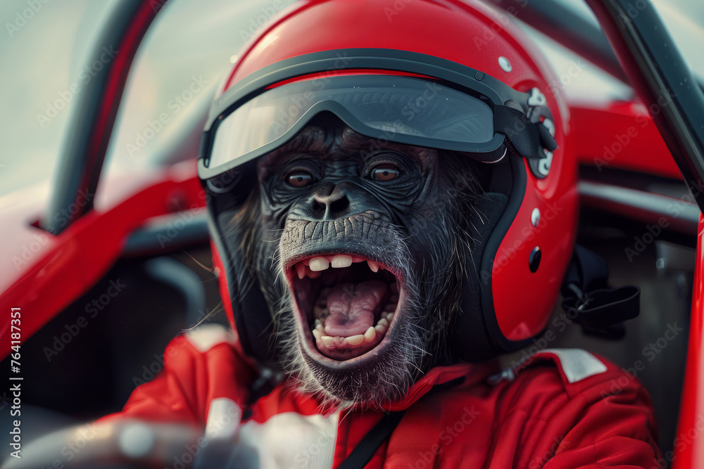A monkey is driving a car with a red helmet on, is he is excited ...