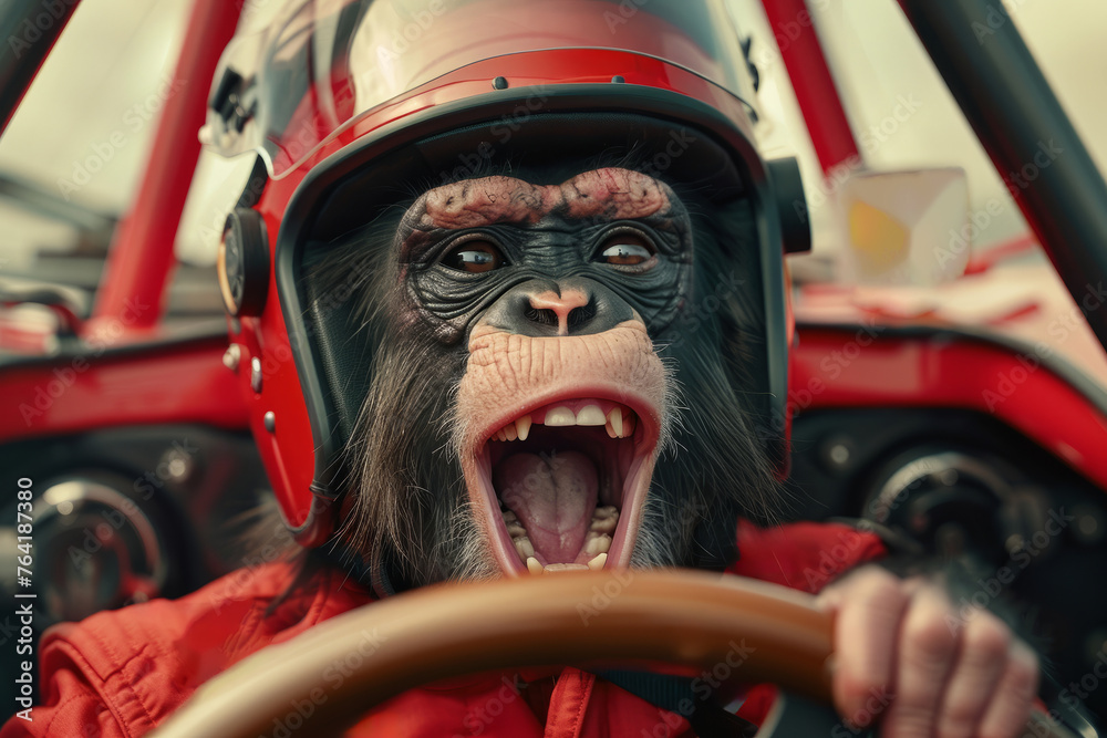 A monkey is driving a car with a red helmet on, is he is excited ...
