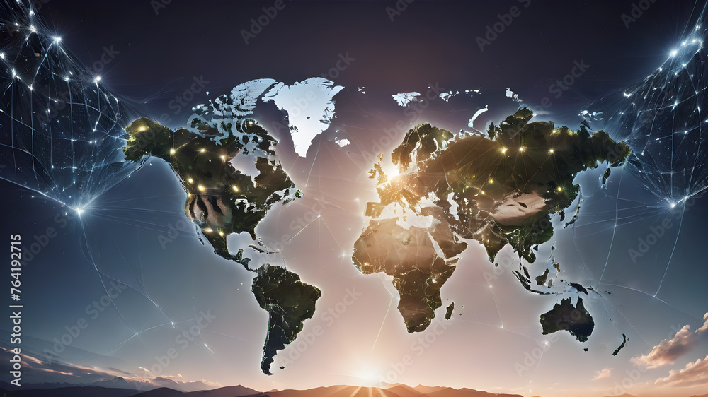 Polygonal mesh network map of world of lines and points, dots and ...