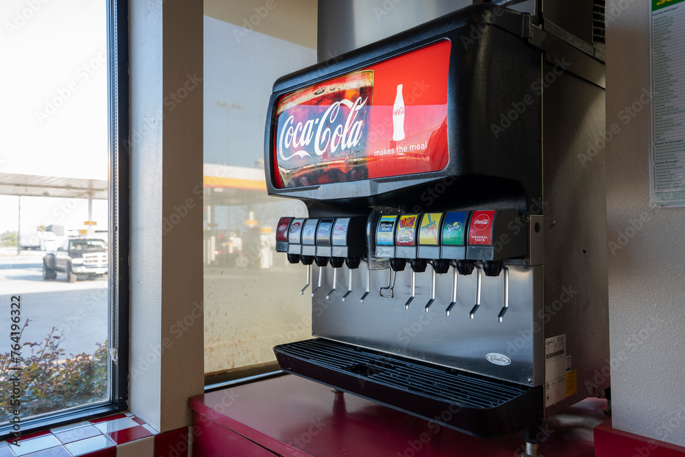 Corning, CA, USA - Mar 25, 2023: Closeup of a Coca-cola 10-flavor ice ...