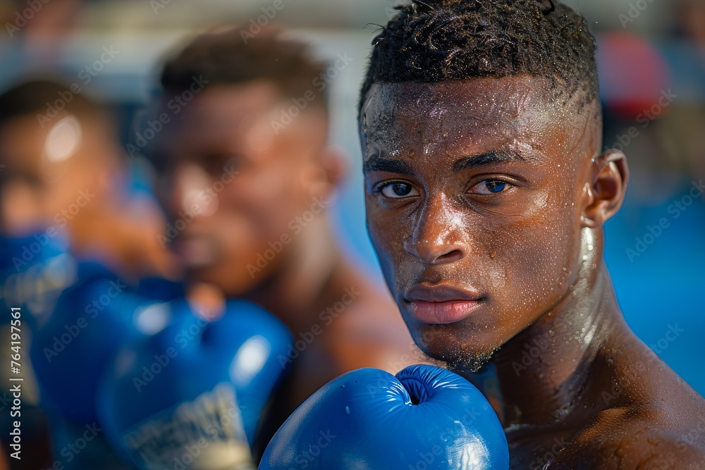 A young boxer portrayed with a focused expression and blue boxing ...