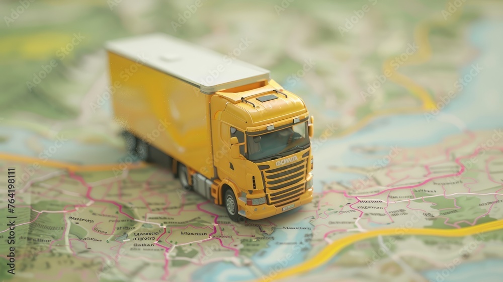 Miniature orange truck on a journey across a map, symbolizing logistics ...