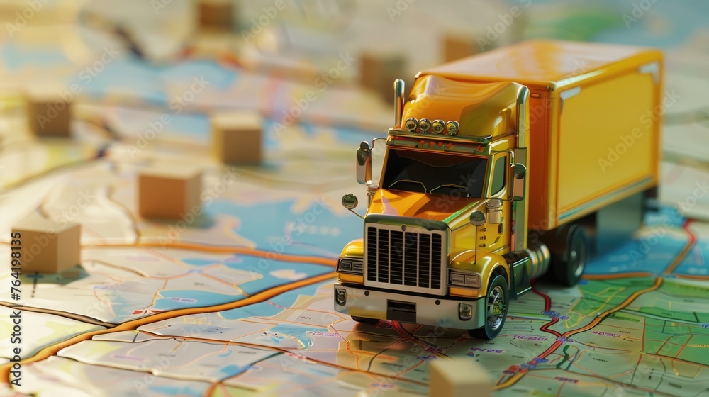 Miniature orange truck on a journey across a map, symbolizing logistics ...