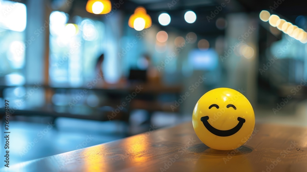 Cheerful yellow smiley face stress ball on office desk promoting ...