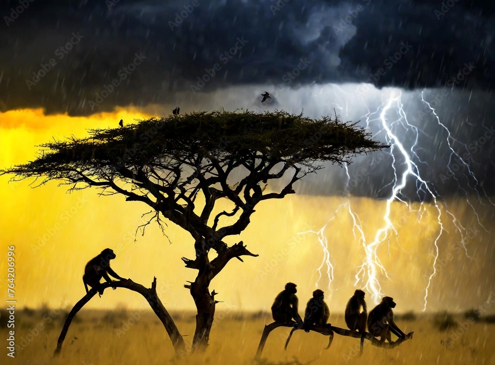 Silhouettes of a group of monkeys sit on the acacia tree in the ...