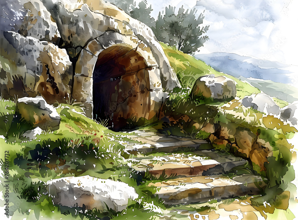The image shows an empty tomb with the stone rolled back, illustrating ...