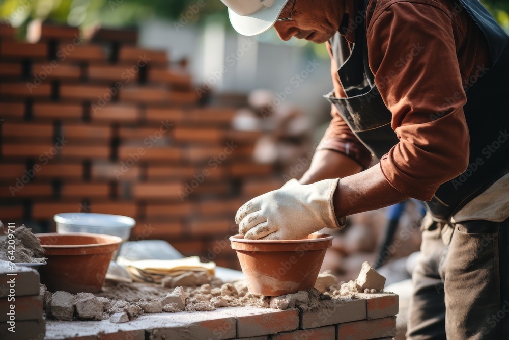 Skilled male builder expertly constructing red brick wall using trowel ...
