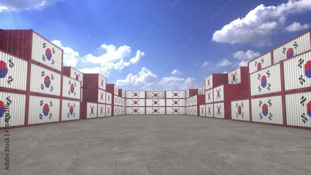South Korea flag containers are located at the container terminal ...