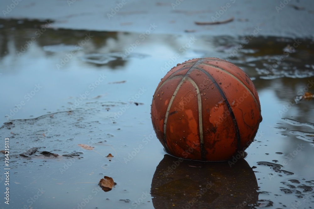 Basketball Sitting on Top of a Puddle of Water, A well worn basketball ...
