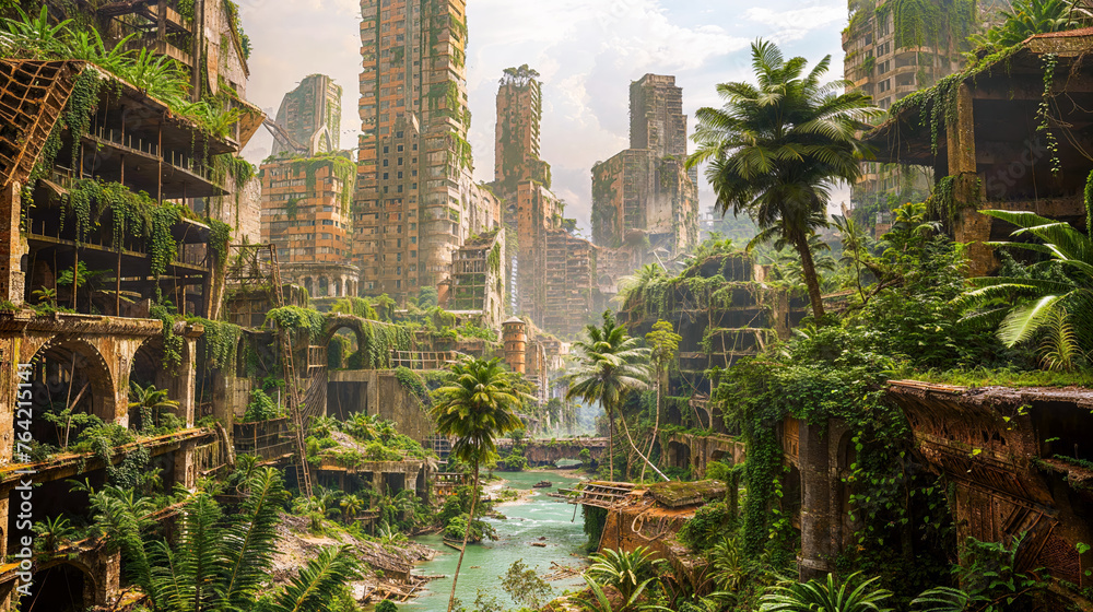 Desolate post-apocalyptic city, jungle reclaims dilapidated abandoned ...