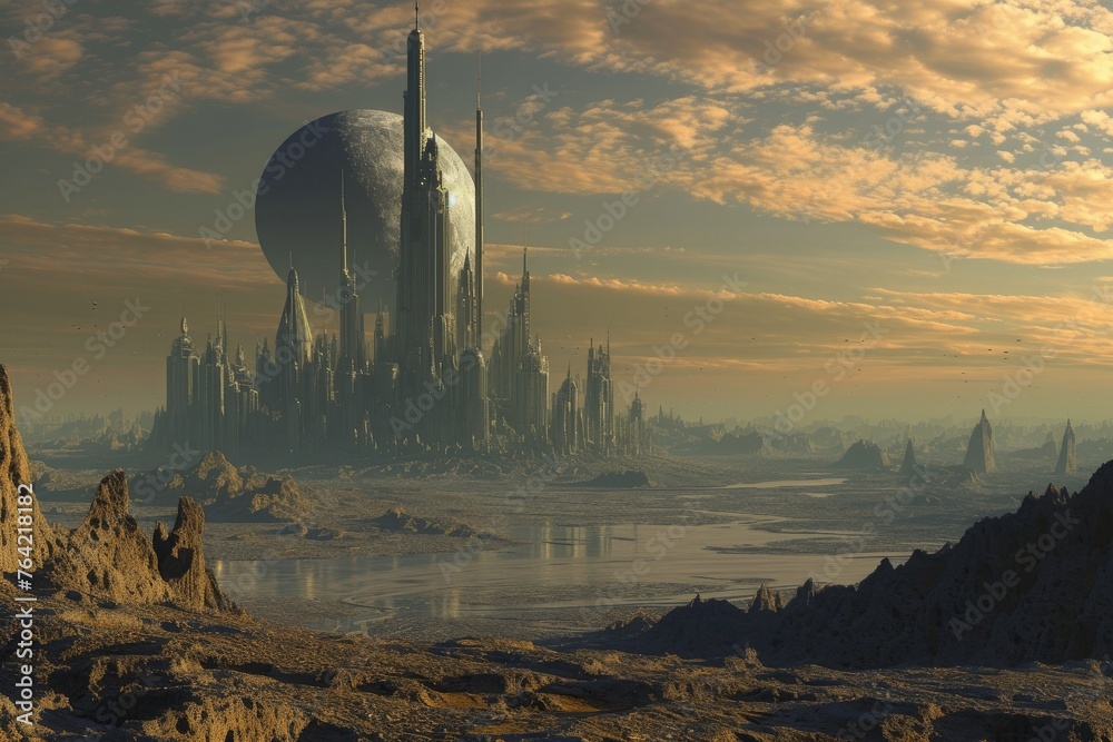 A futuristic cityscape featuring towering skyscrapers under a giant ...