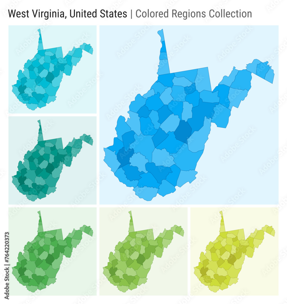 West Virginia, United States. Map collection. State shape. Colored ...