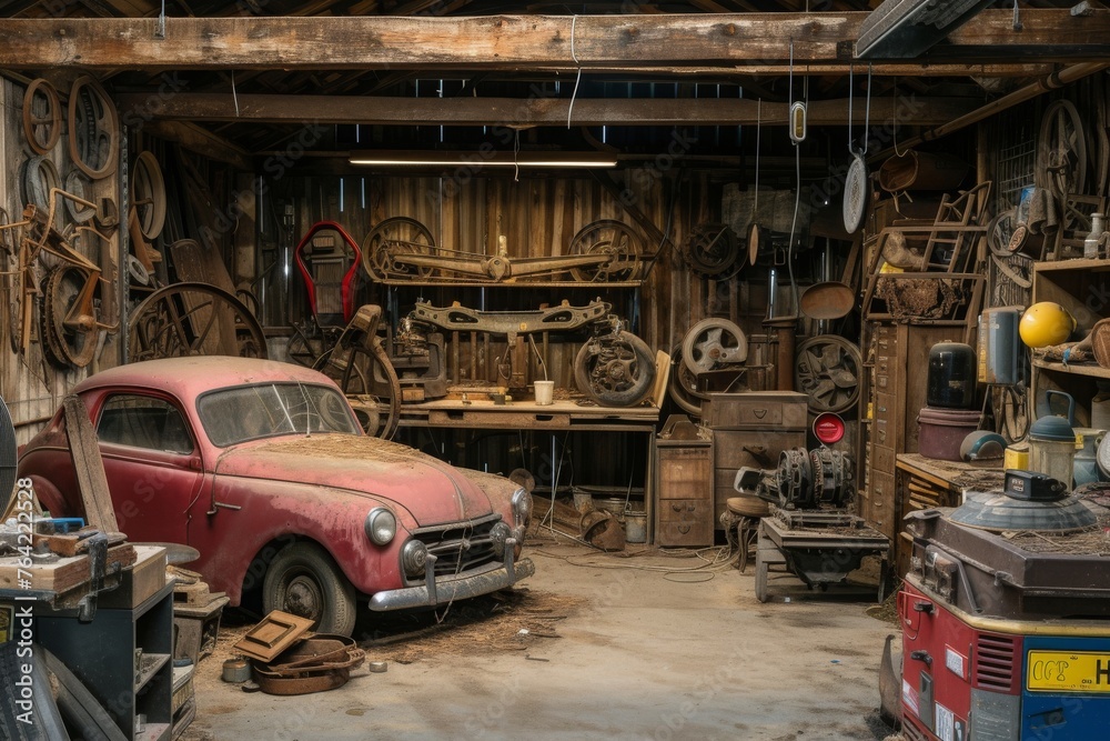 An aged automobile is sitting inside a garage, its red exterior fading ...
