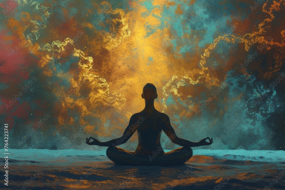 A person sits in a lotus position, calmly meditating while facing a ...