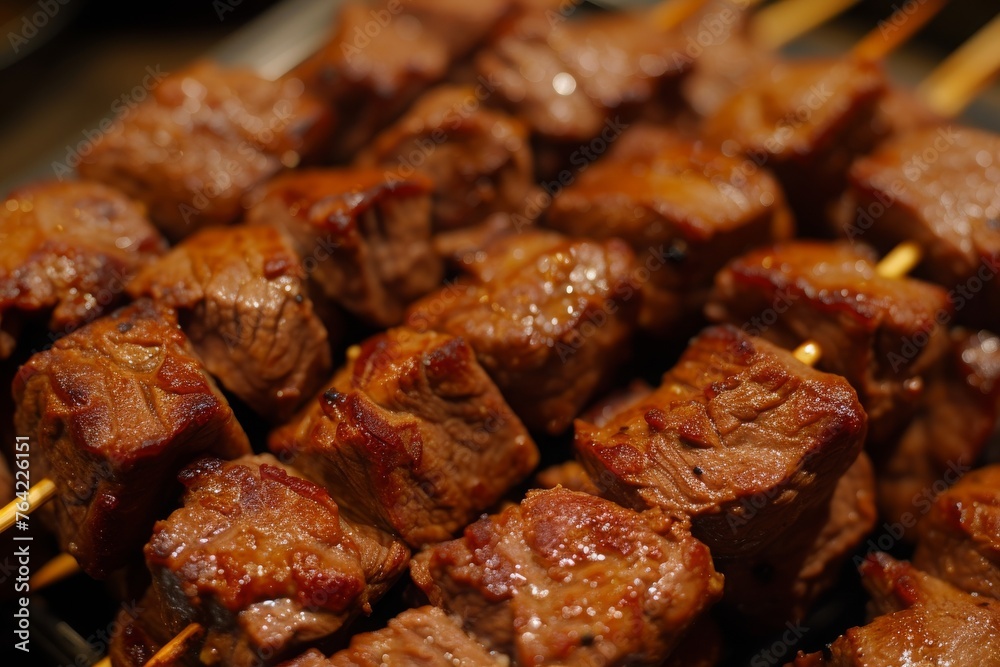 This photo shows a detailed view of skewers filled with various types ...