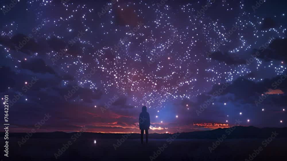 Person watching galaxy sky with sparkling flickering stars. Silhouette ...