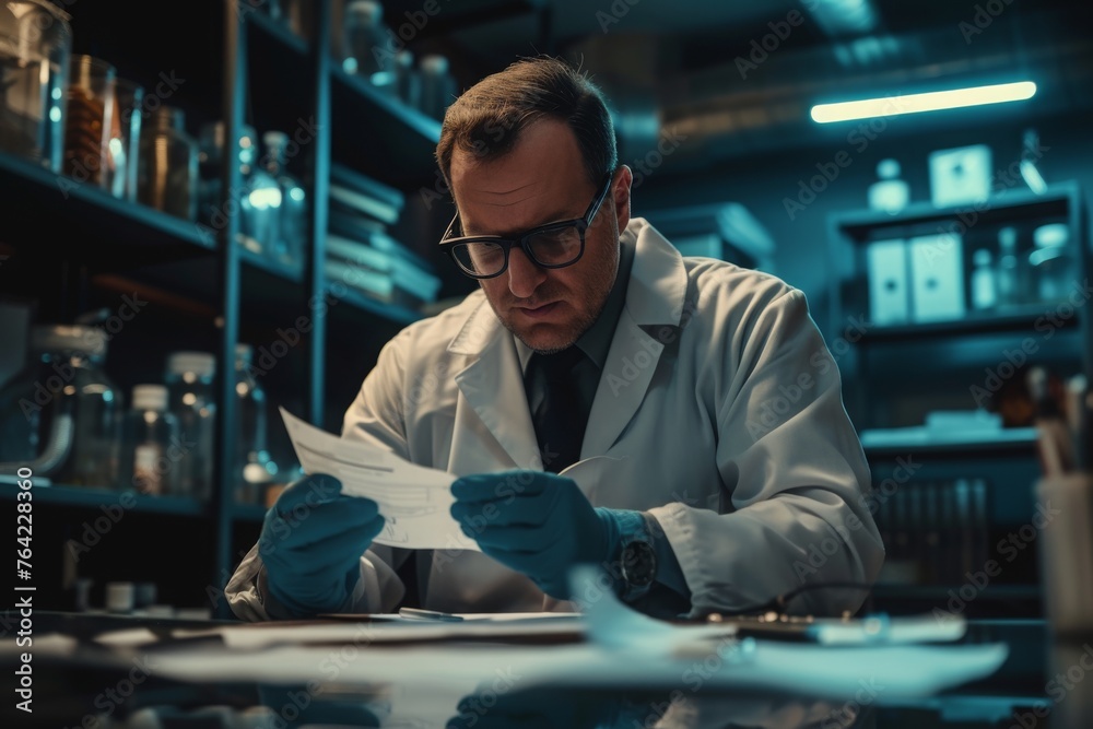 A man wearing a lab coat carefully studies a piece of paper, conducting ...