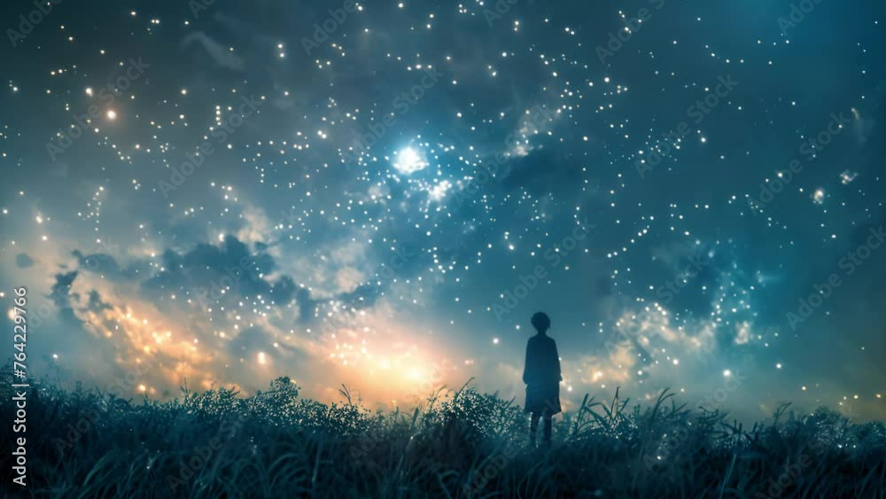 Person watching galaxy sky with sparkling flickering stars. Silhouette ...