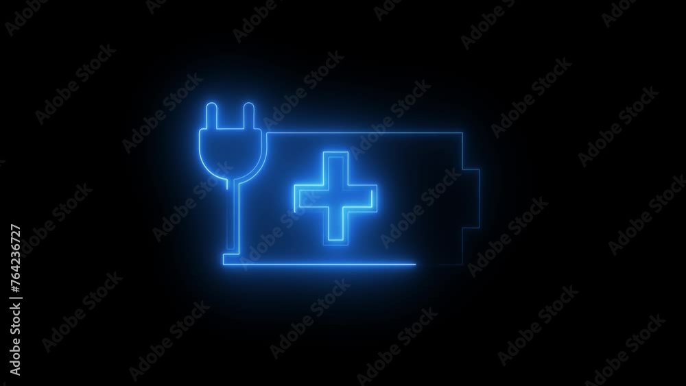 Glowing blue and purple neon battery icon. Neon charge battery sign ...