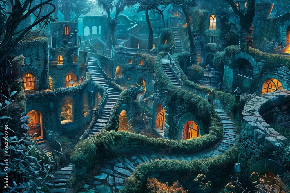 A painting depicting a fairy tale scene with a winding staircase ...