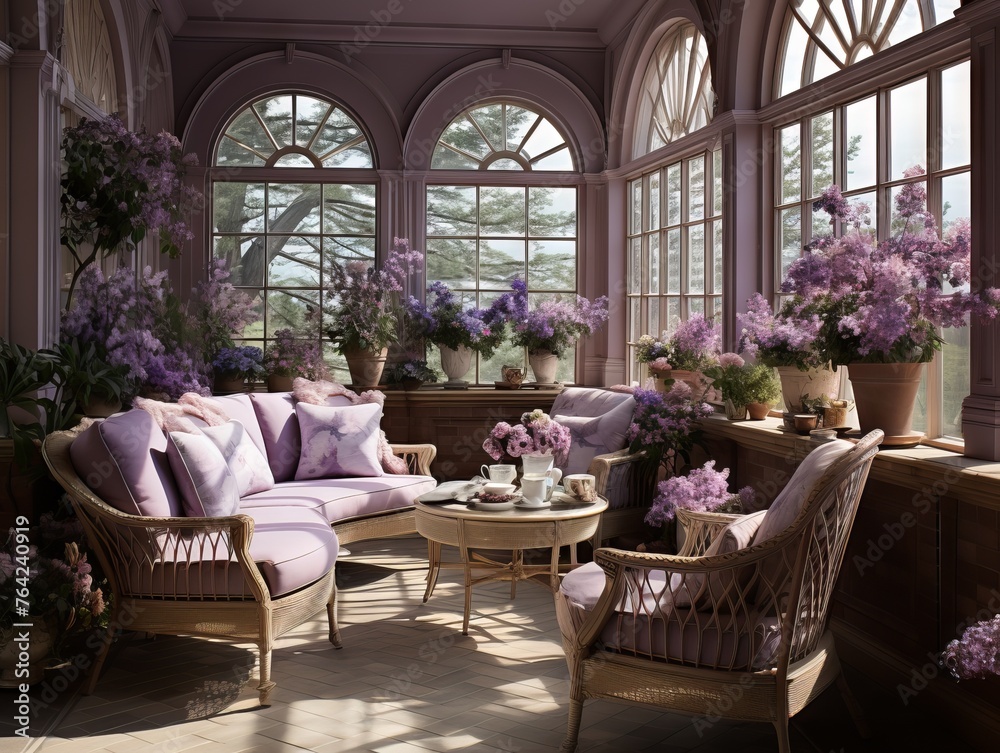 Cozy English-style veranda with flower arrangements and garden ...
