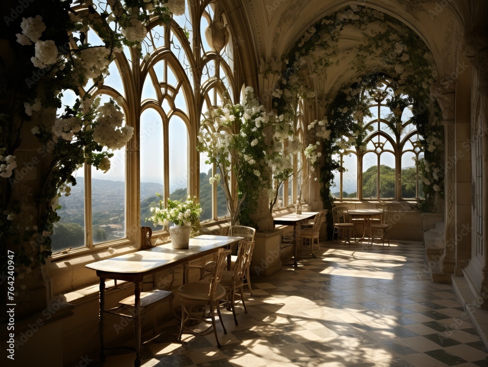 Cozy English-style veranda with flower arrangements and garden ...