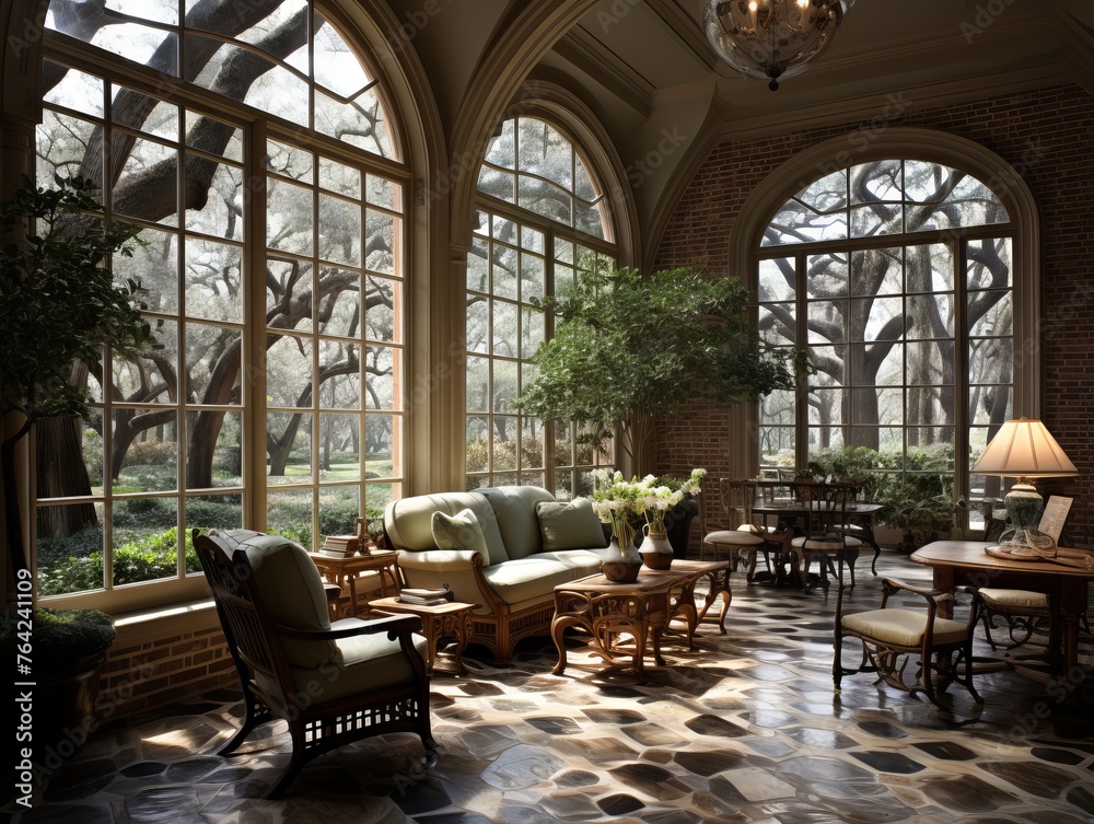 Cozy English-style veranda with flower arrangements and garden ...