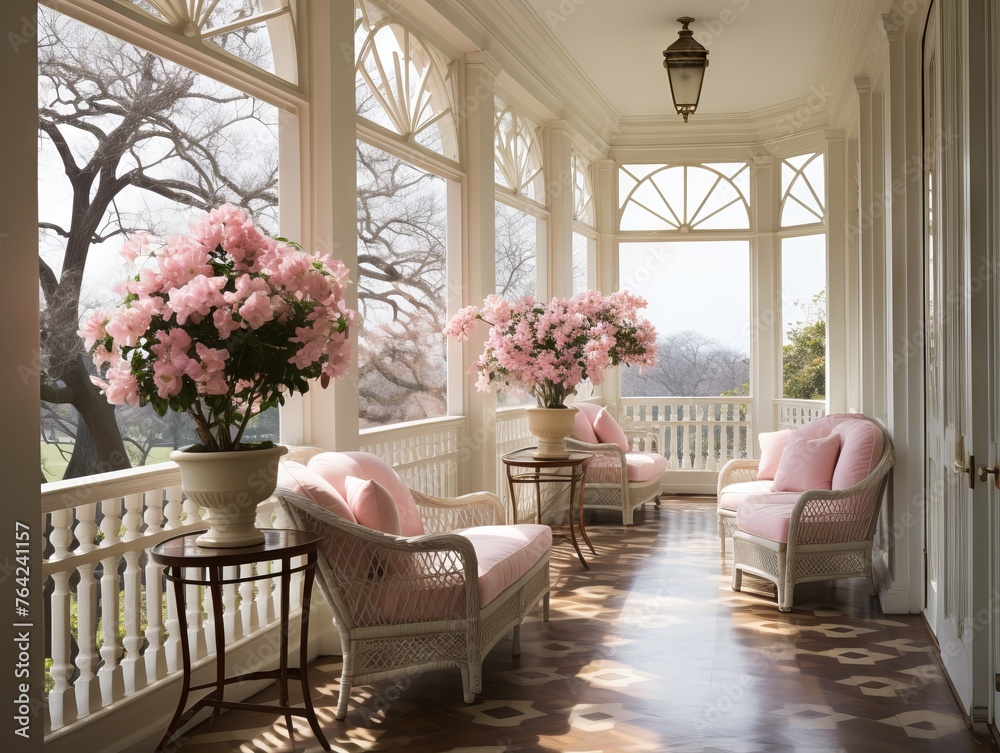 Cozy English-style veranda with flower arrangements and garden ...