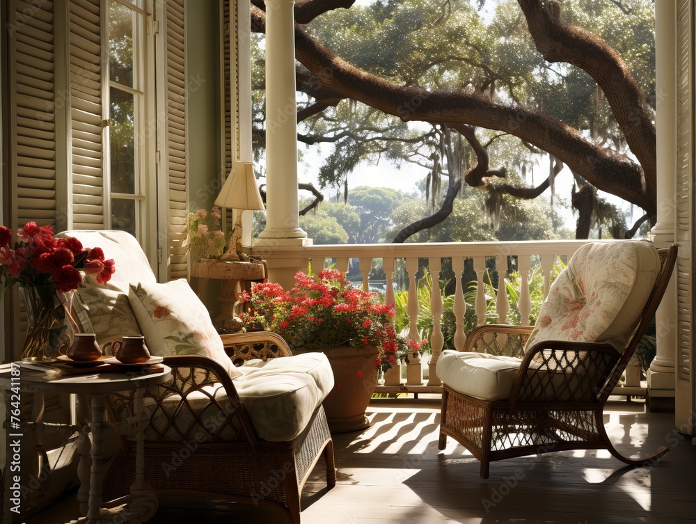 Cozy English-style veranda with flower arrangements and garden ...