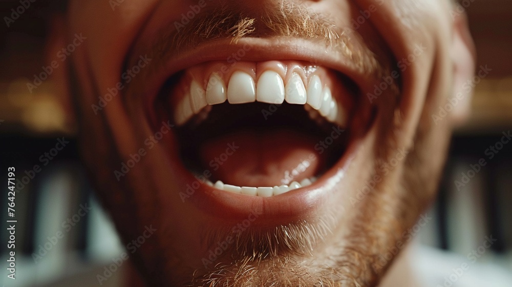 A man laughing, his mouth wide open revealing a row of gleaming teeth ...