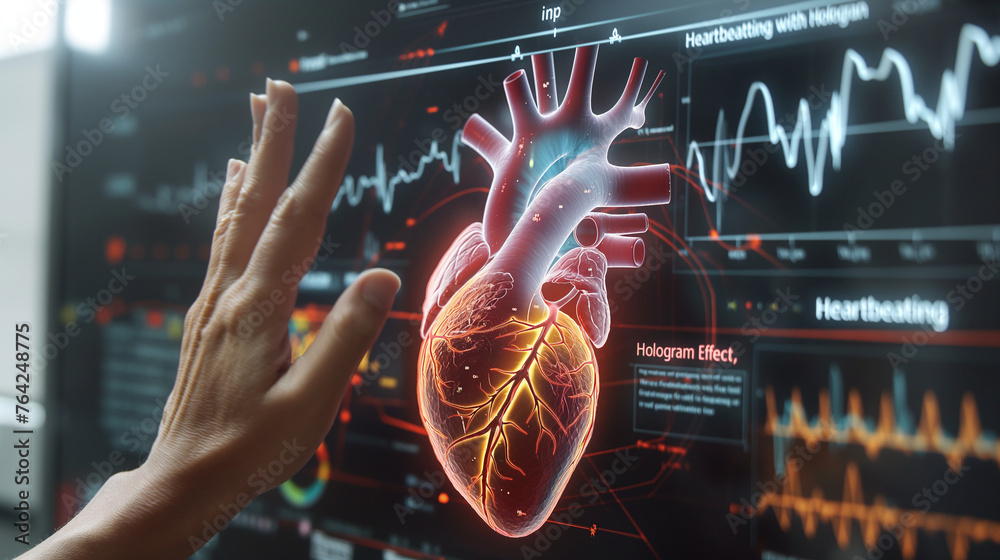 Hand Interacting with a 3D Holographic Heart Display, Showing Vital ...