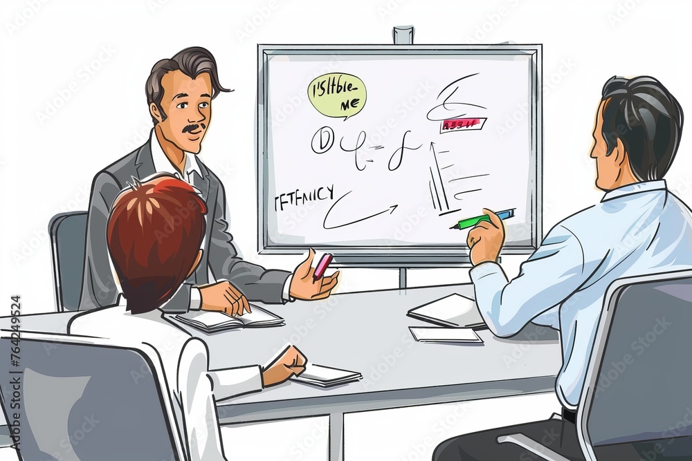 A cartoon depiction of a man standing in front of a group of diverse ...