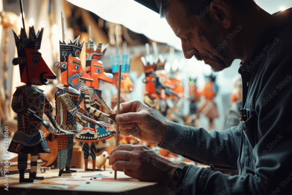 A man is focused on his work, meticulously sculpting a detailed wooden ...