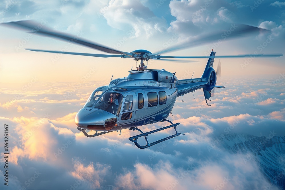 A sleek helicopter ascends with a dramatic mountain range backdrop ...