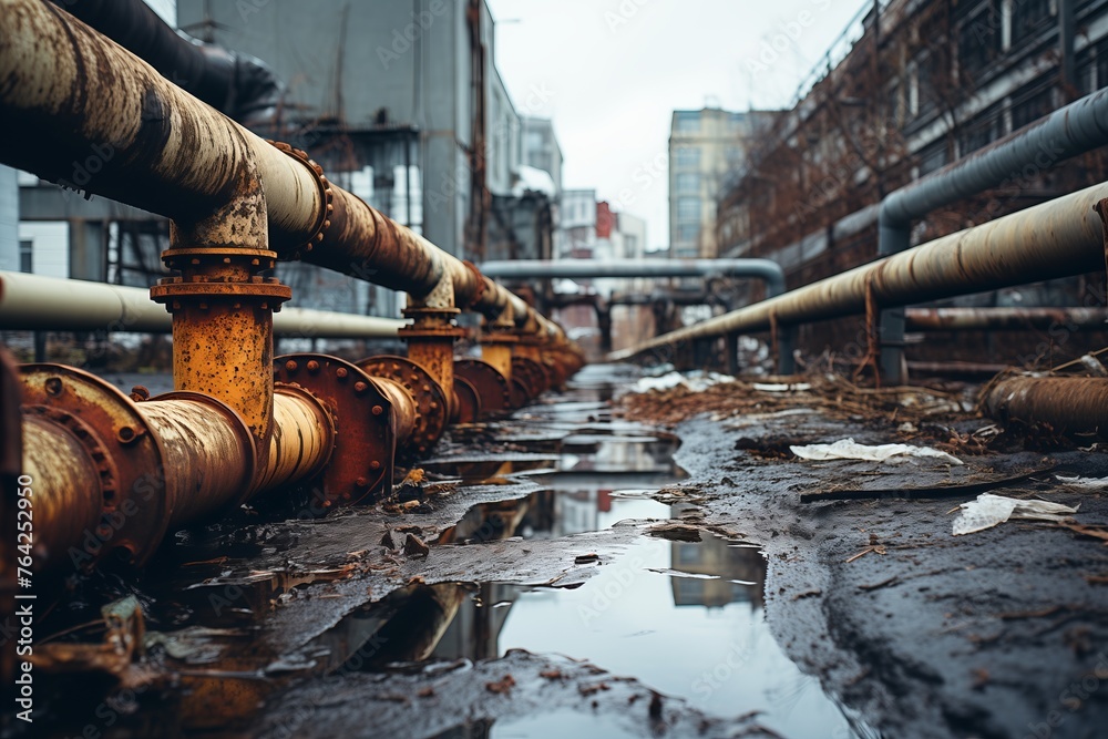 An image of rusty pipes leading into a dark and abandoned industrial ...