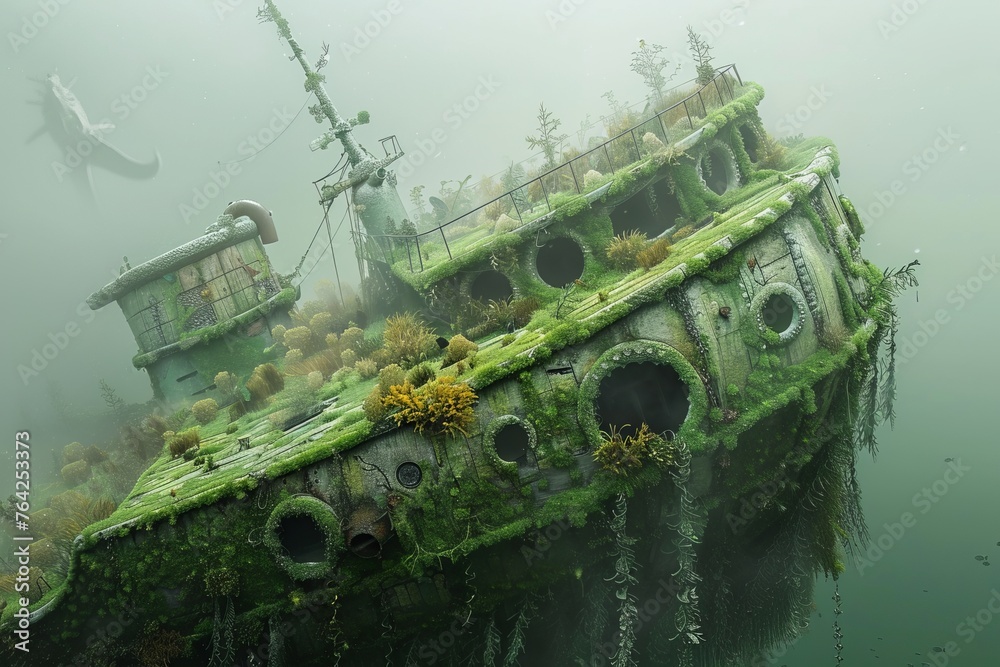 An eerie shipwreck covered in algae is floating in the water ...