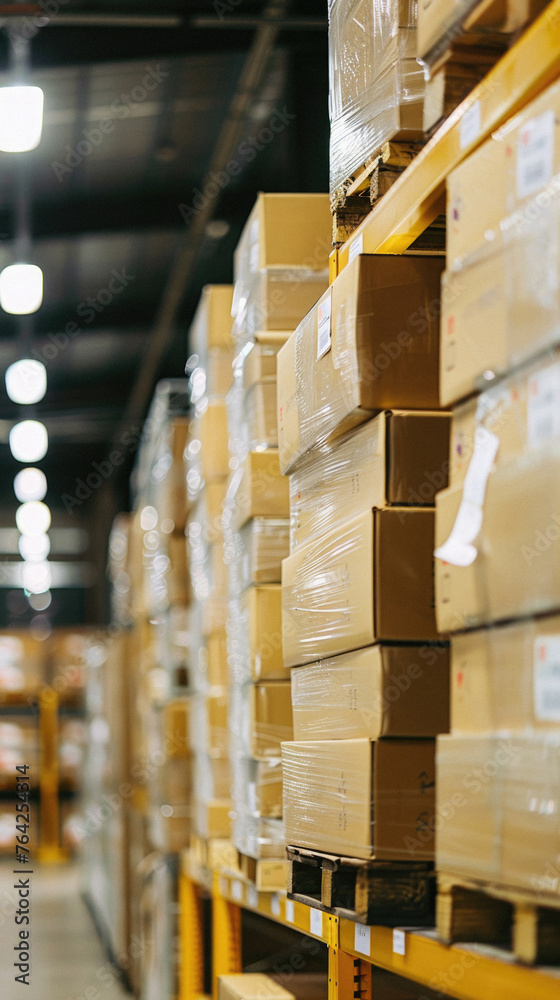 Warehouse with cardboard boxes on shelves background. Logistic ...