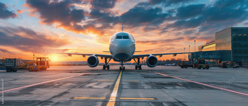 Airplane delivering containers at the airport background. Cargo freight ...