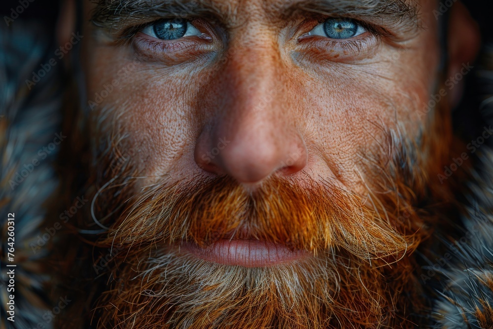 Extreme close-up of a man's face showcasing piercing blue eyes and icy ...