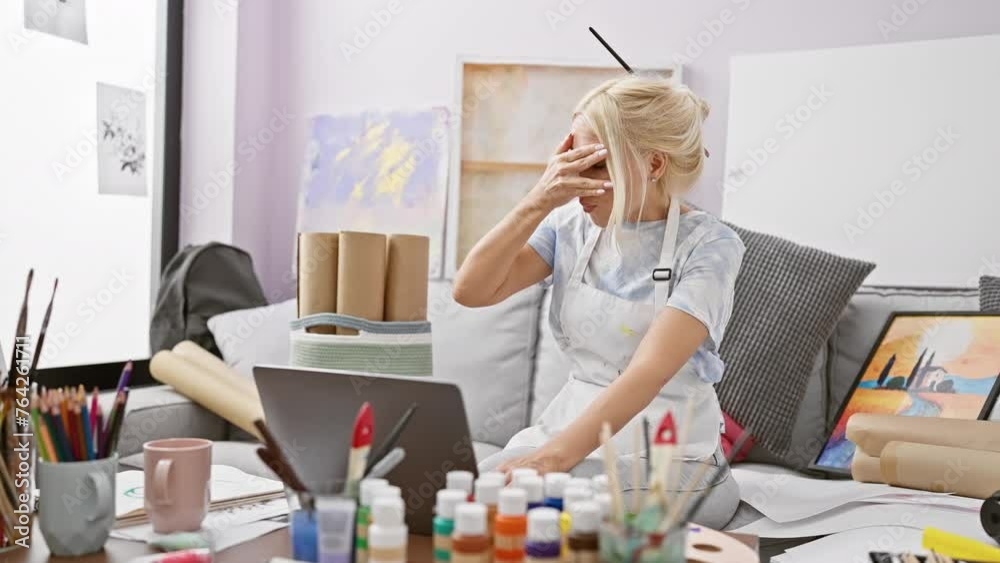 Stunned young blonde artist in apron shyly peeks through fingers, fear ...