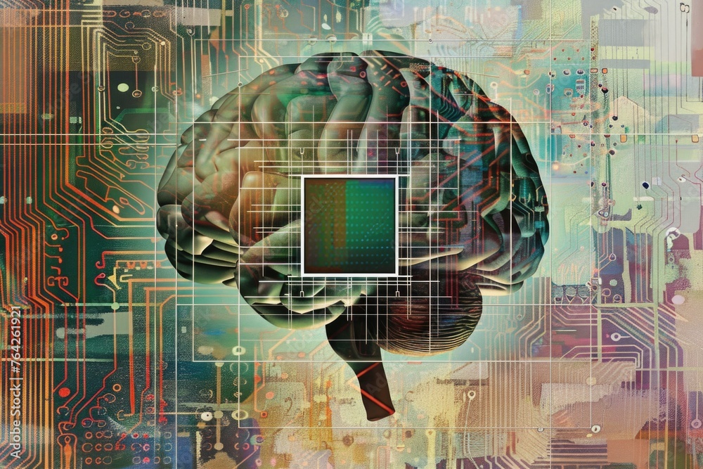 A graphic representation of a human brain, overlaid with a grid and ...